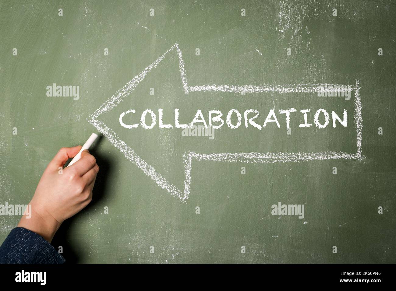 Collaboration. Pointing arrow with text. Green chalkboard background ...
