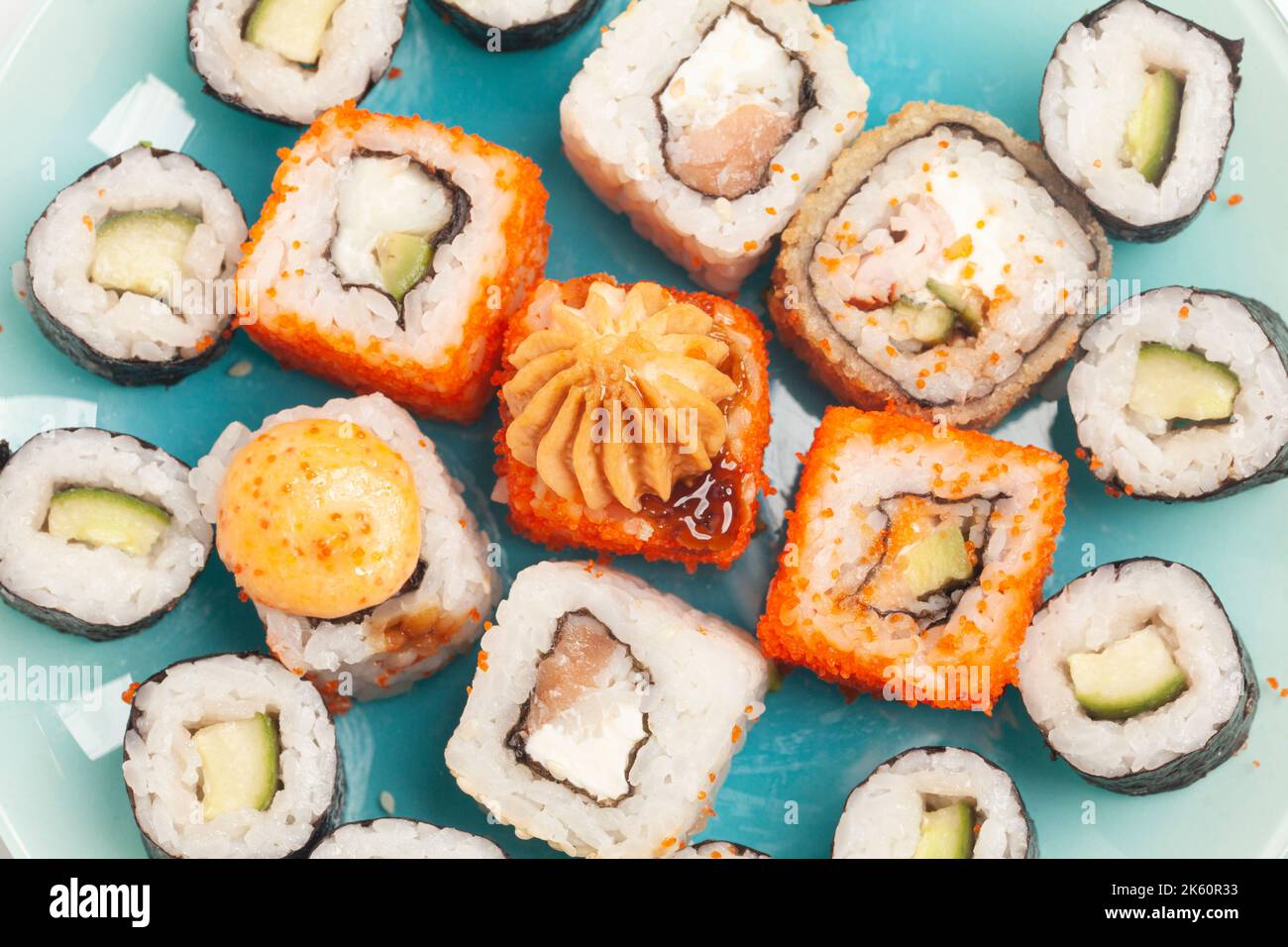 Sushi rolls japanese food on a plate top view Stock Photo - Alamy