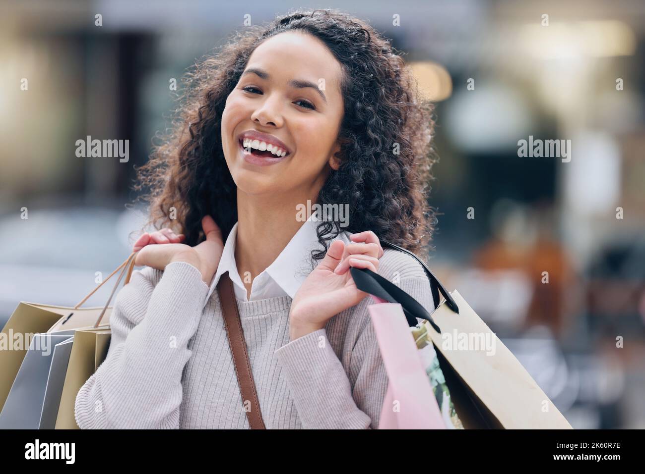 Black woman while shopping and happy with retail fashion brands at ...