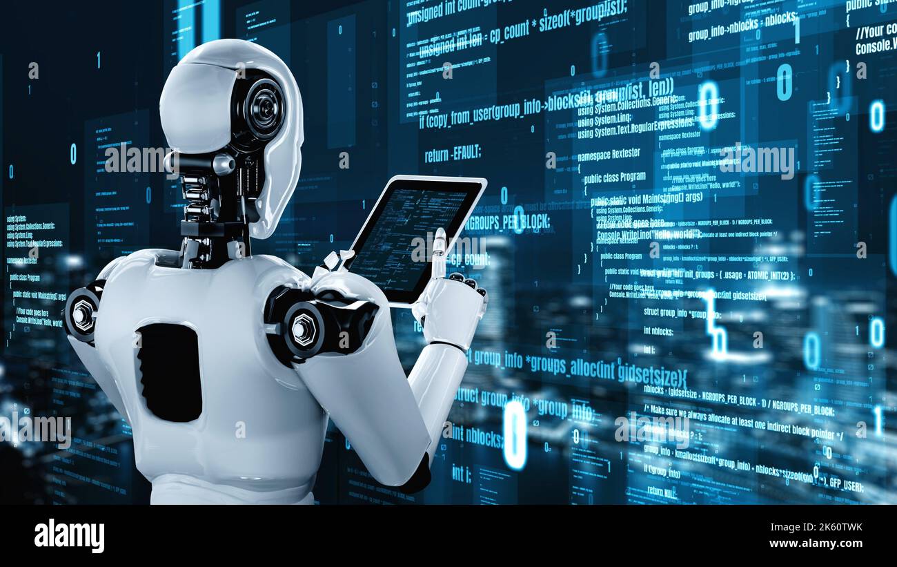 Futuristic robot artificial intelligence huminoid AI programming coding technology development ...