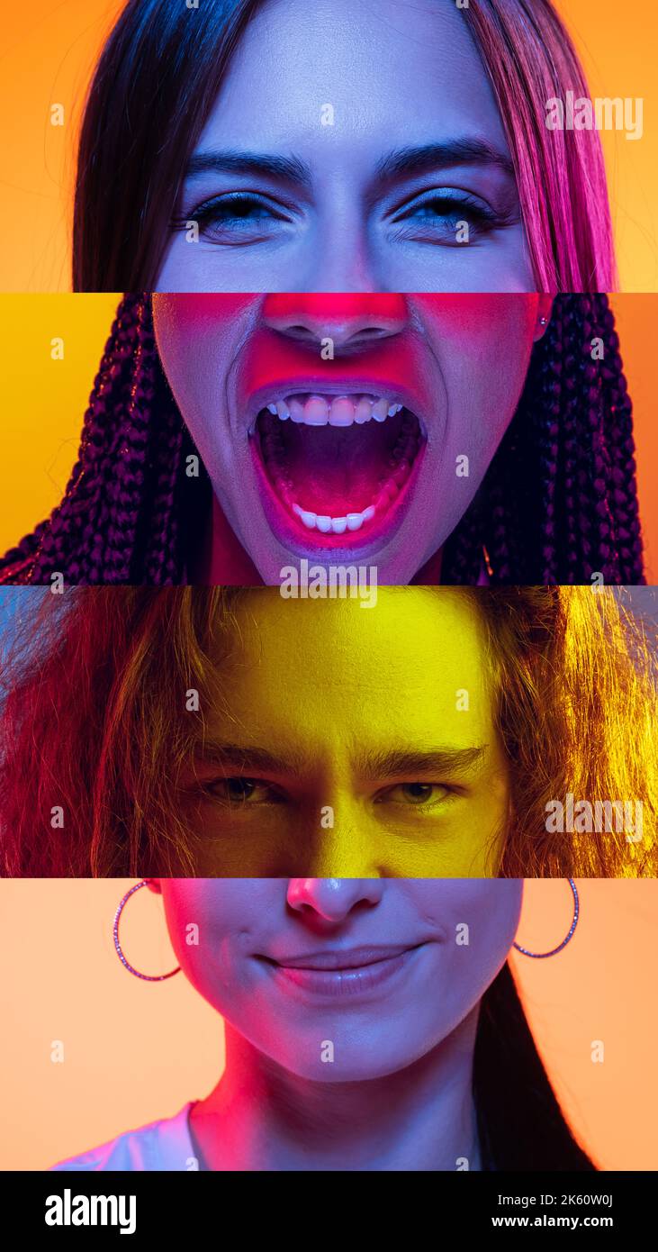 Shout, smile. Vertical composite image of male and female parts of ...