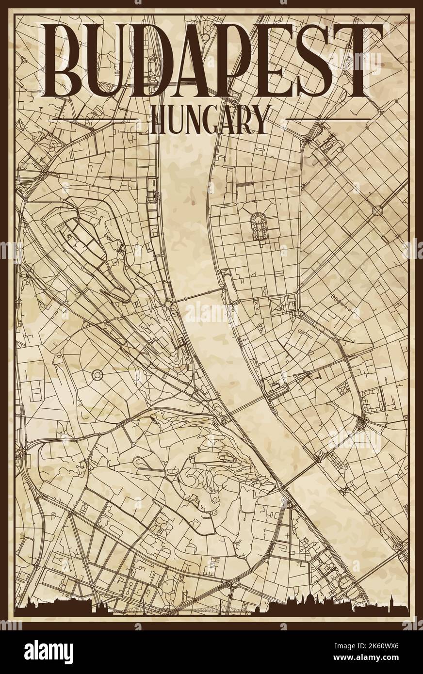 Hand-drawn downtown streets network printout map of BUDAPEST, HUNGARY Stock Vector Image & Art ...