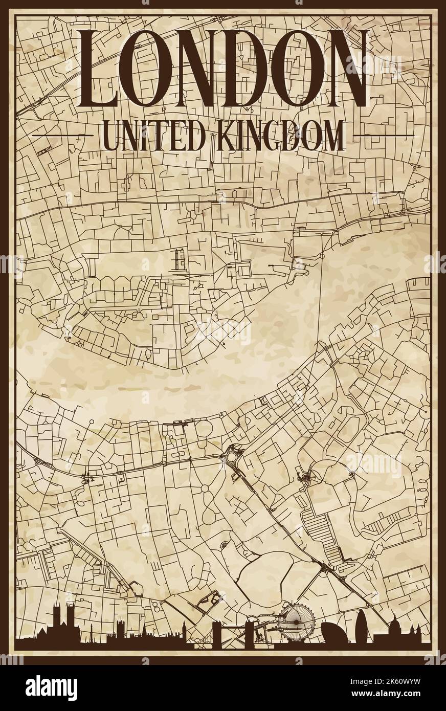Hand-drawn downtown streets network printout map of LONDON, UNITED ...