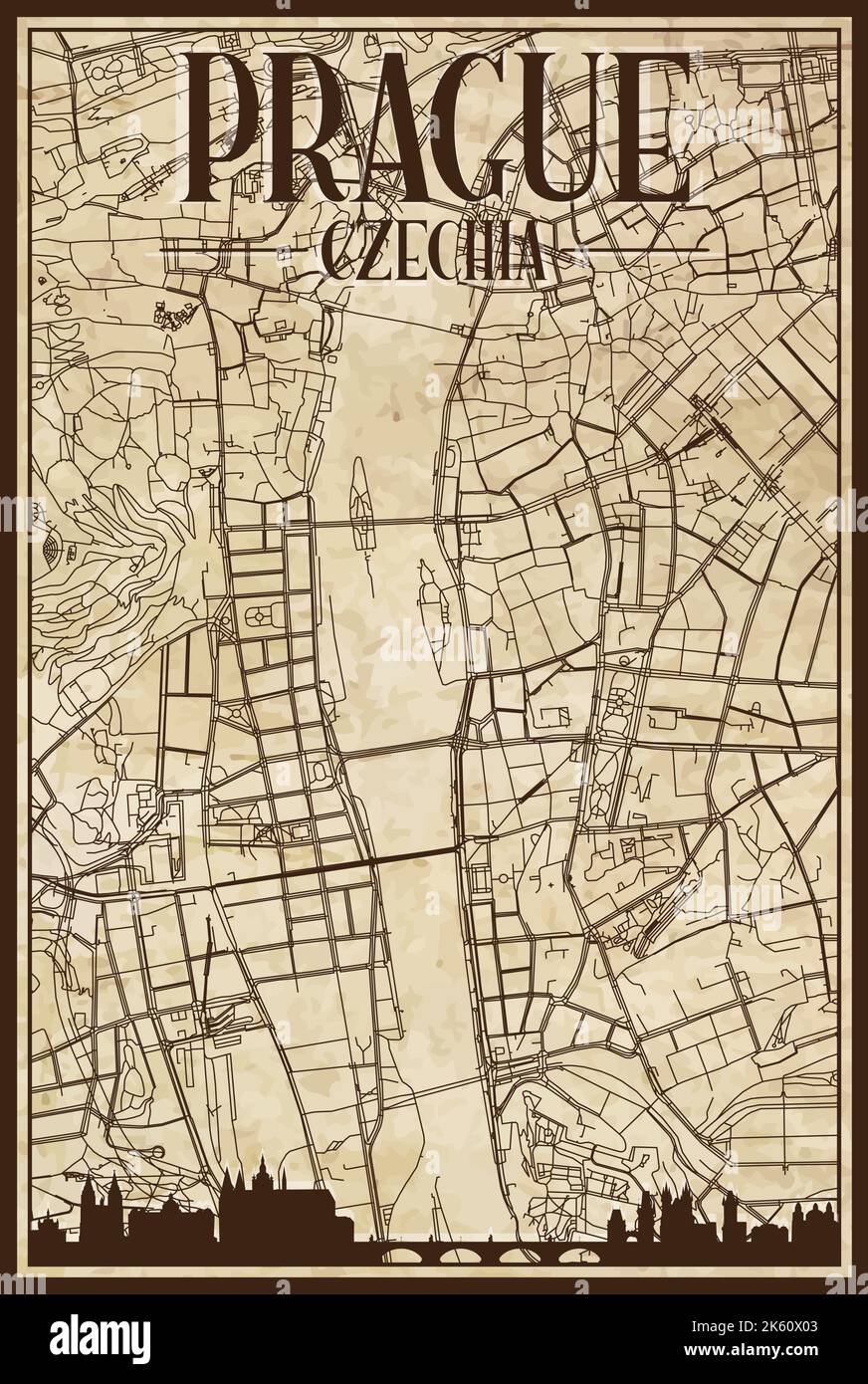 Hand-drawn downtown streets network printout map of PRAGUE, CZECH REPUBLIC Stock Vector Image ...