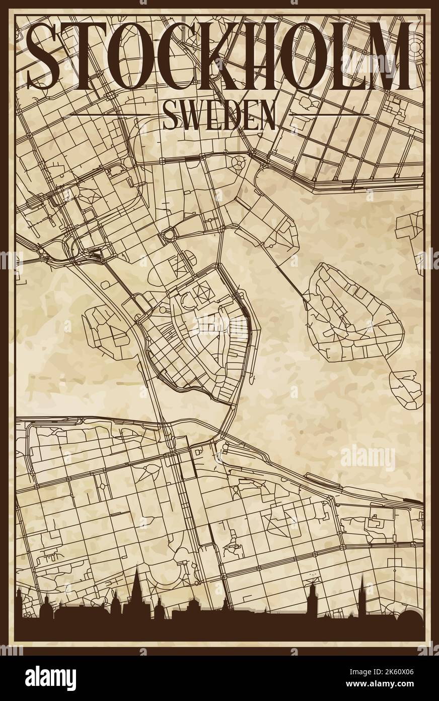 Hand-drawn downtown streets network printout map of STOCKHOLM, SWEDEN Stock Vector Image & Art ...