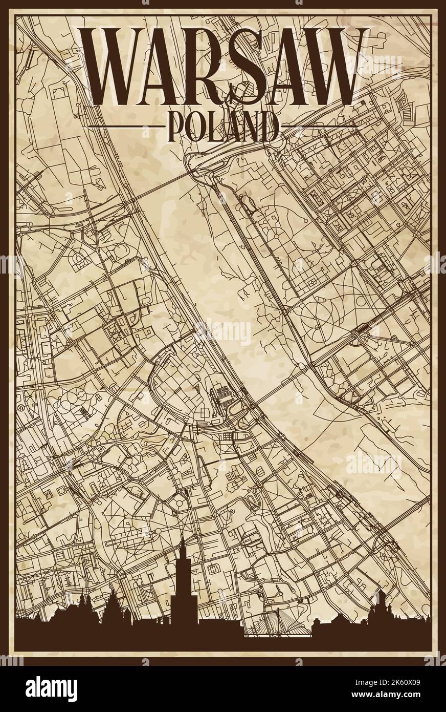 Hand-drawn downtown streets network printout map of WARSAW, POLAND ...