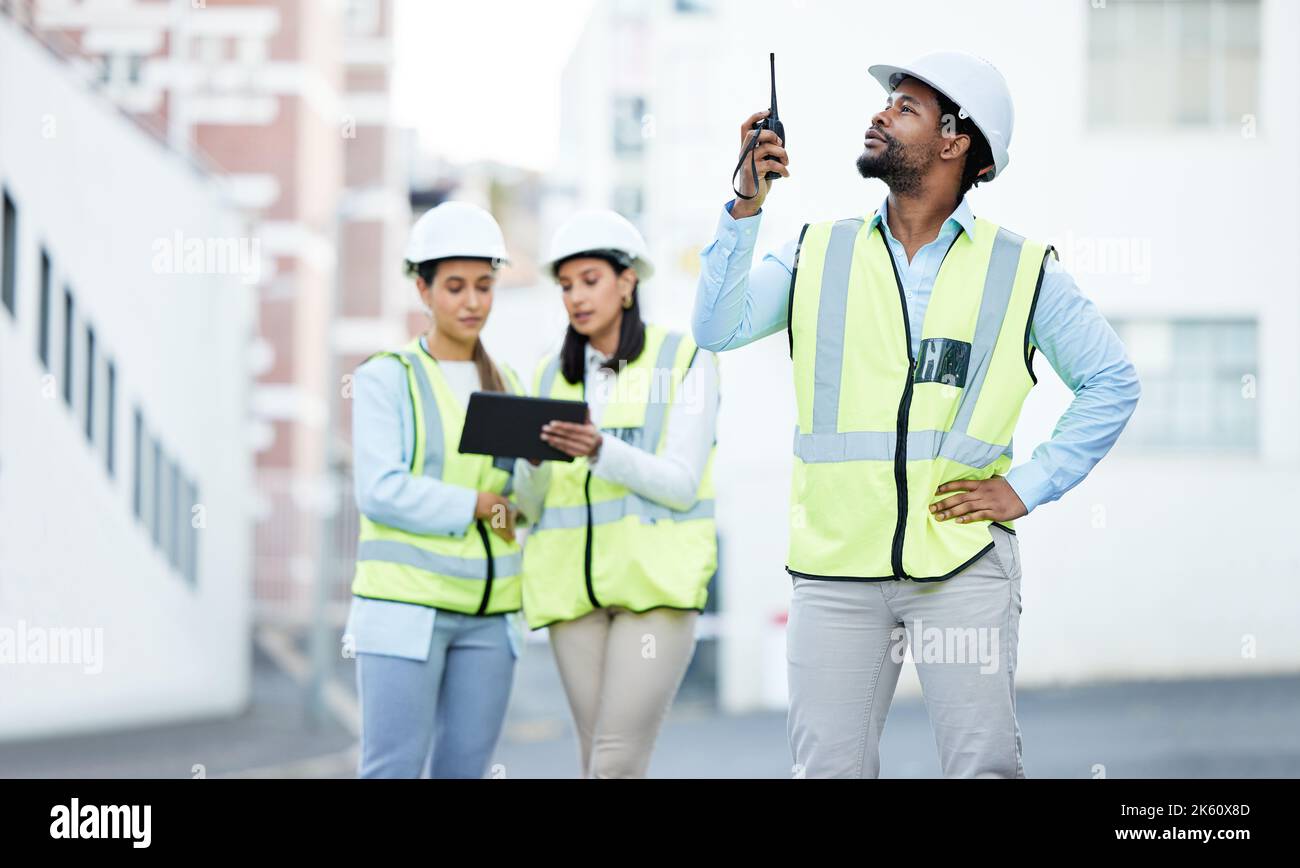 Communication, construction and architect worker talking on tech about ...
