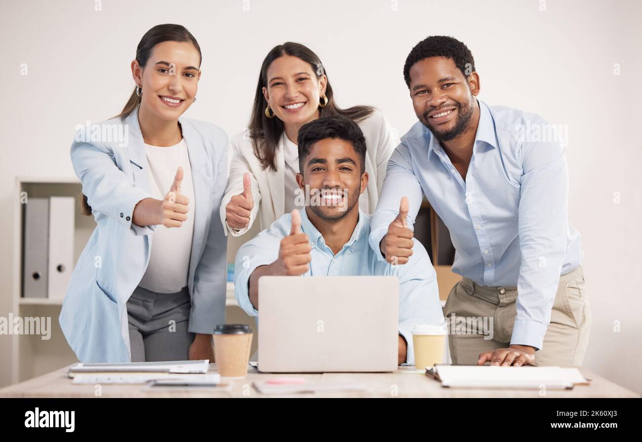 Thumbs up, success and business people portrait in office for teamwork celebration ...