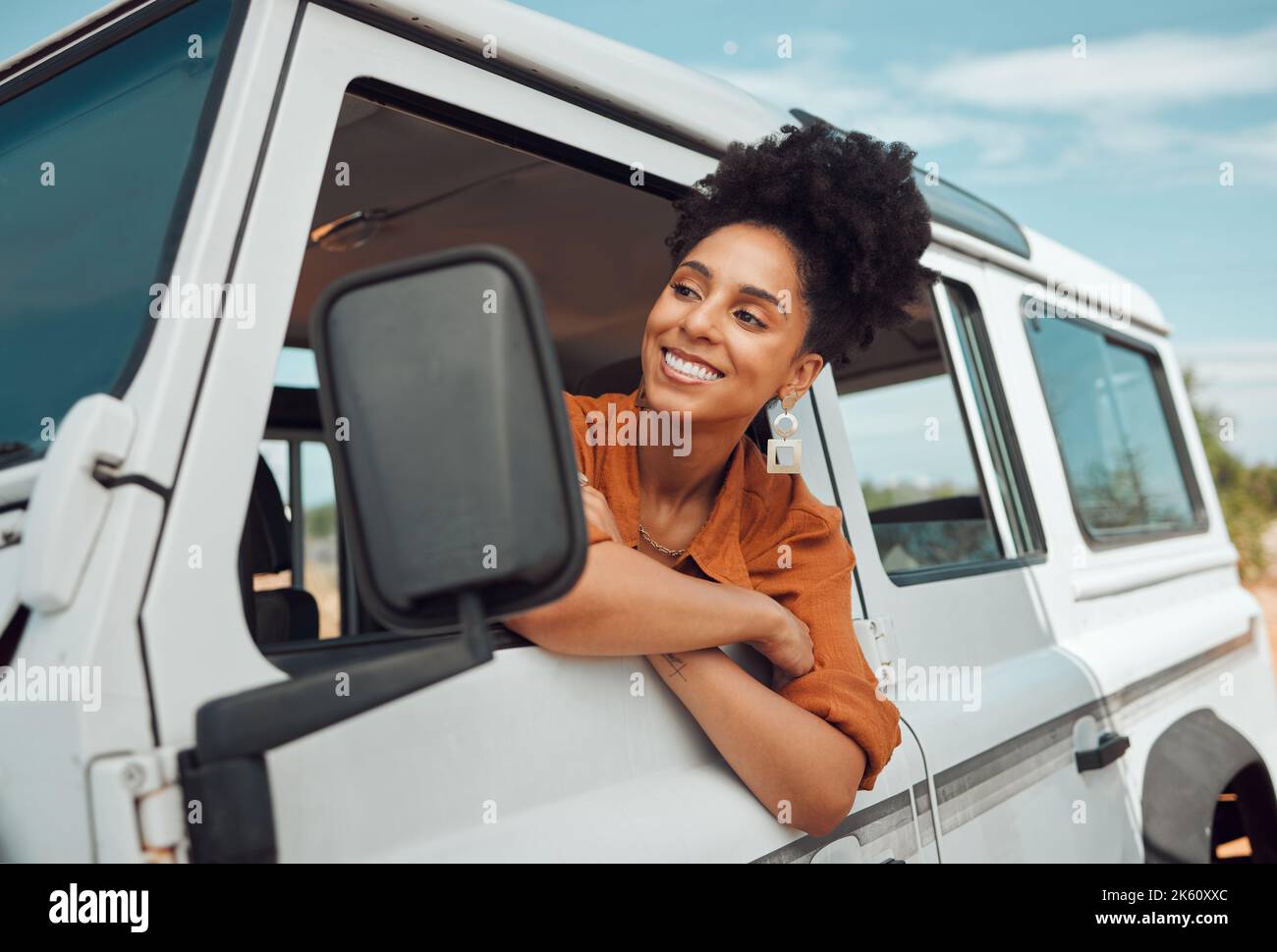 Road trip travel, black woman and window freedom to relax in camping ...