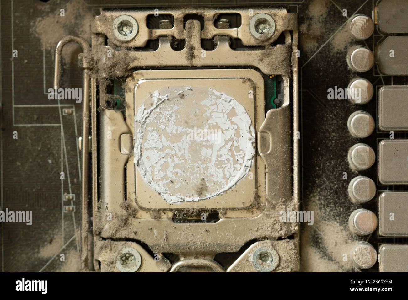 Very dirty computer processor. Dusty CPU microchip on a computer ...