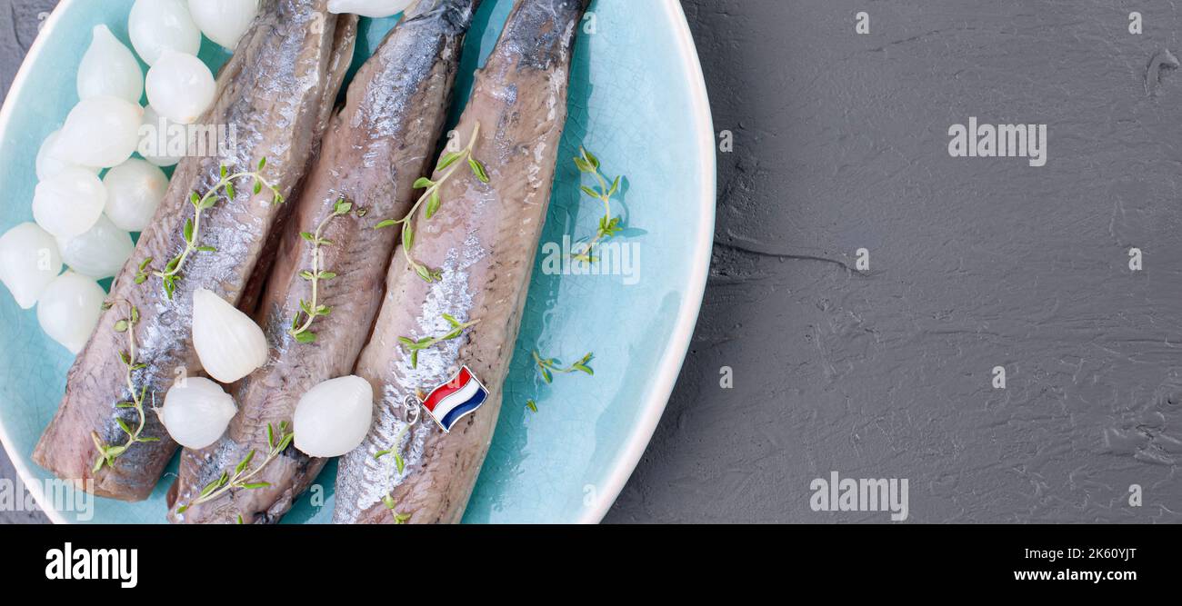Freshly salted herring with salt, with copy space. Traditional Dutch ...