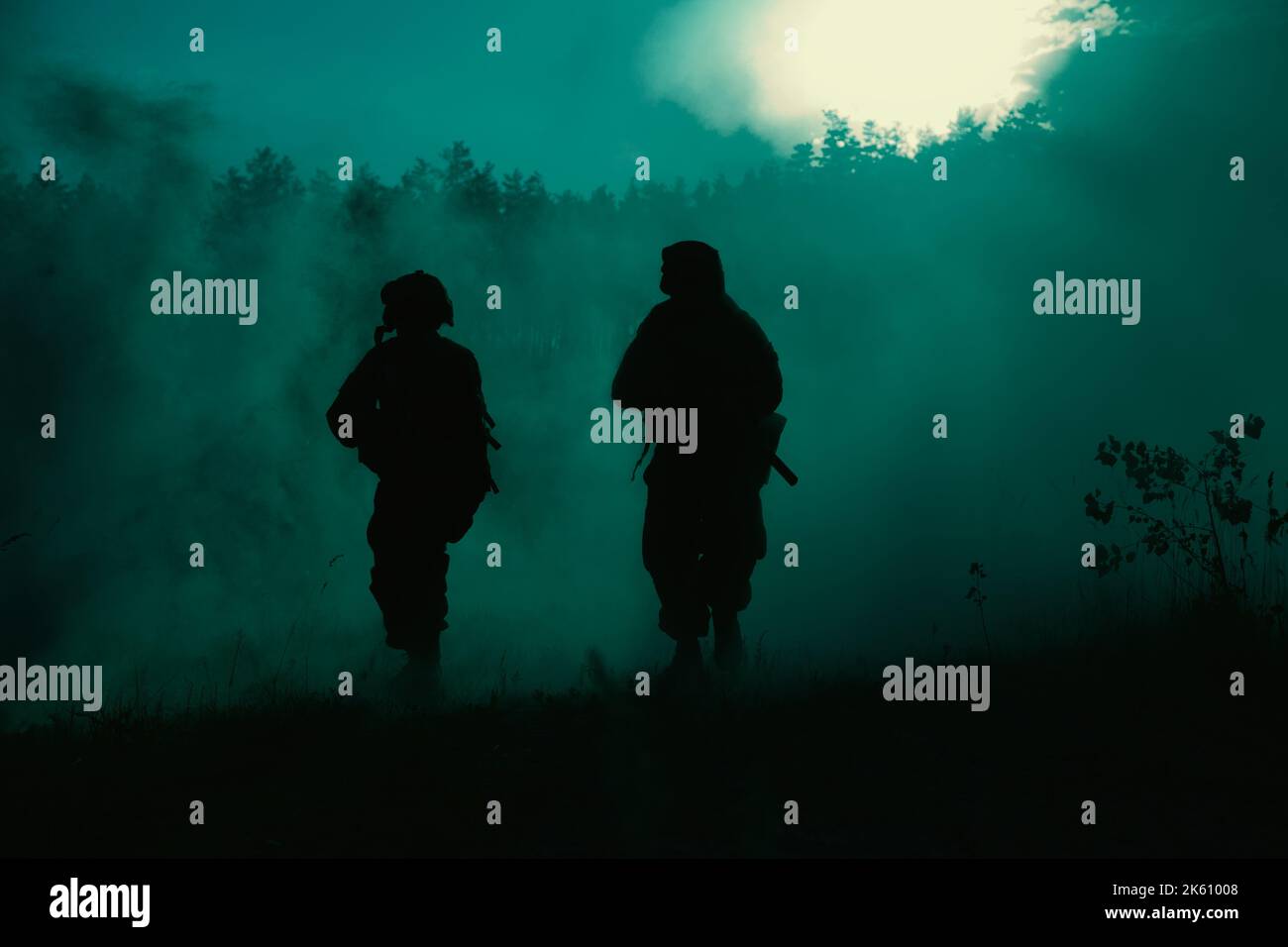 United States Marines in action. Military battle, forest battlefield ...