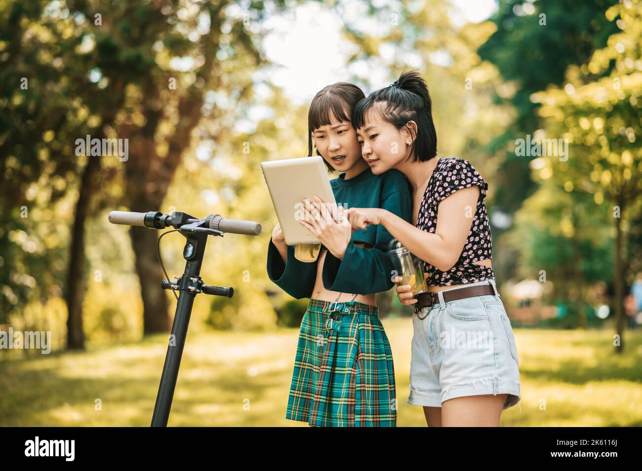Two girls watching photos online and looking involved Stock Photo - Alamy