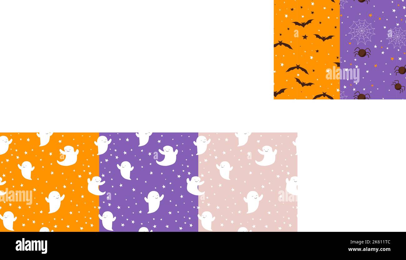 Set Cute Halloween white ghosts on colorful background decorated with stars, kids holiday ...