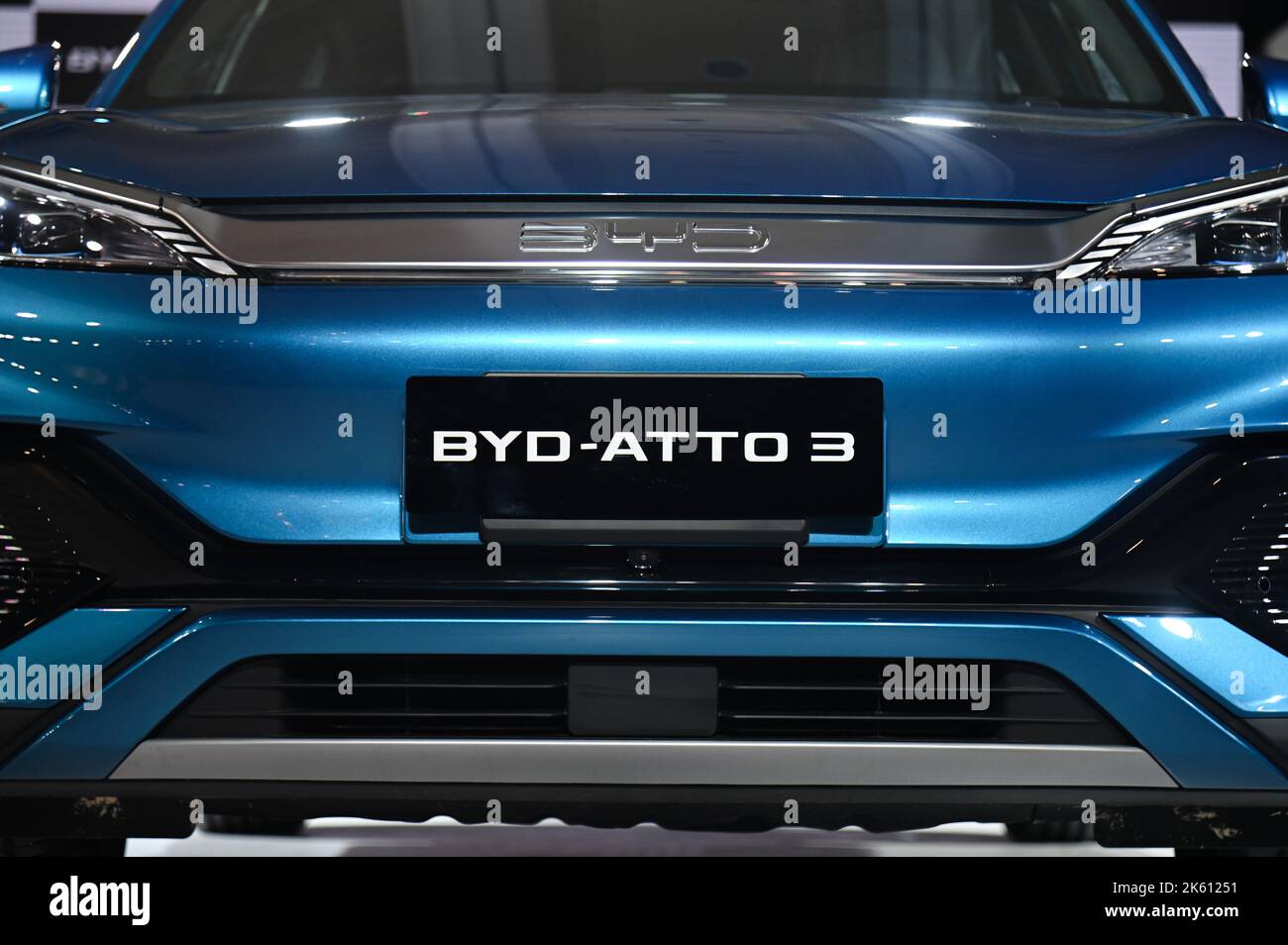 New Delhi, Delhi, India. 11th Oct, 2022. The logo of BYD Atto 3 is seen ...