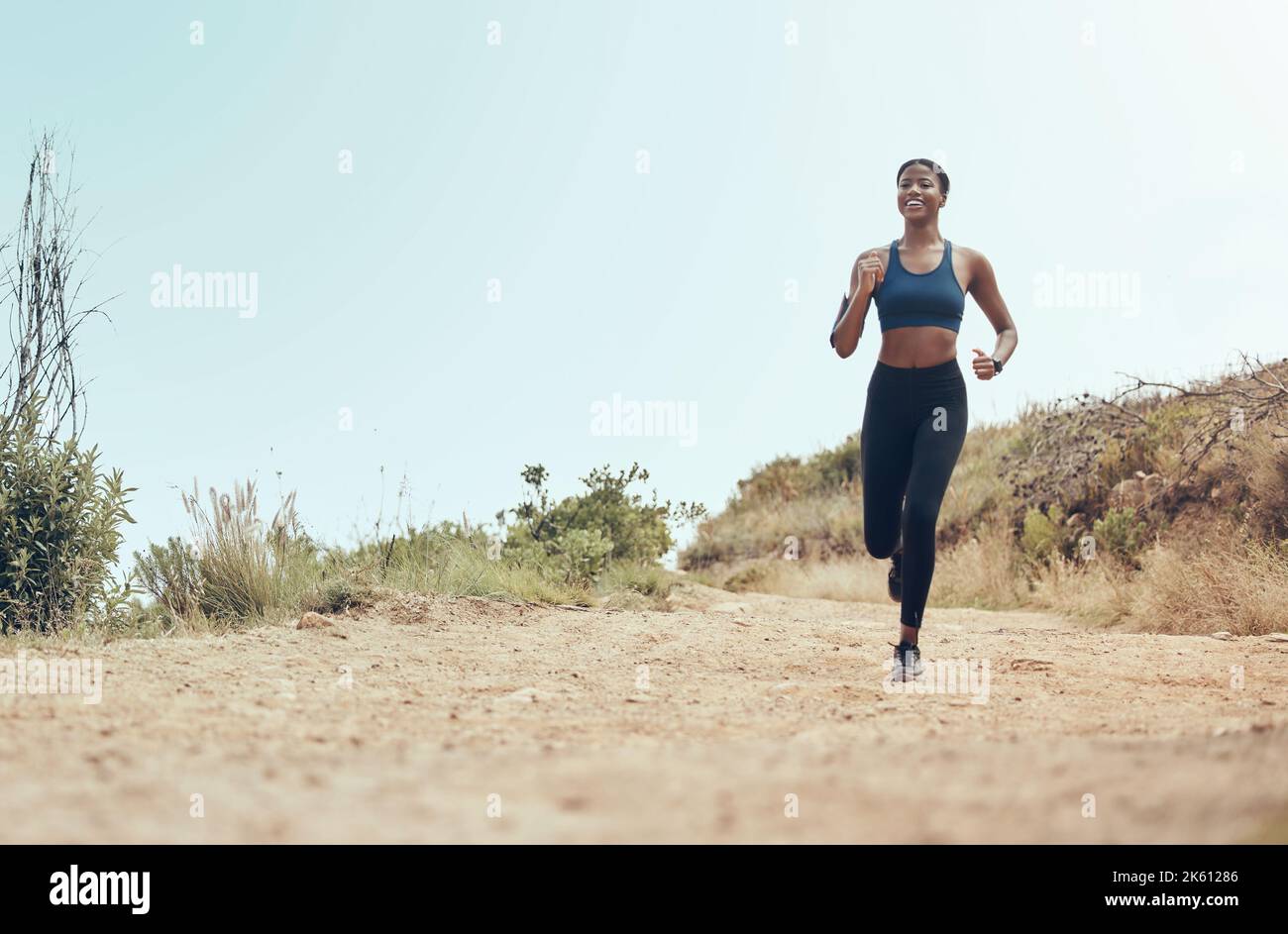 Fitness, running and black woman on nature trail for marathon cardio ...