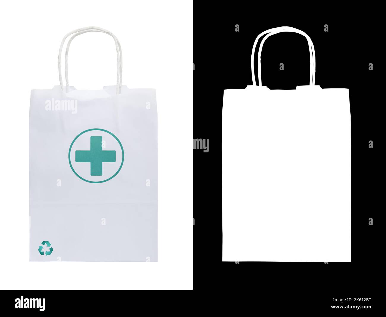 White paper bag with a green Pharmacy and Recyclable logos. Isolated on ...