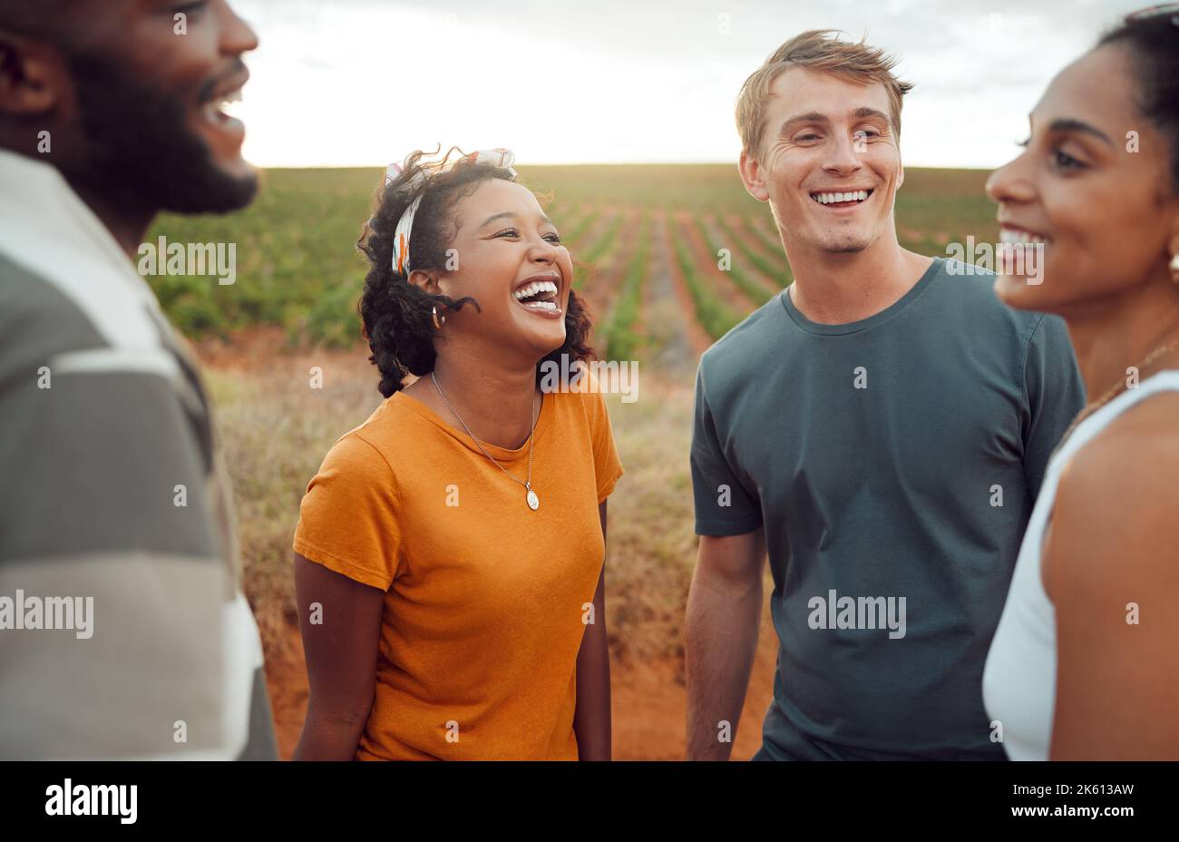 Friends, group and travel while happy on road trip in countryside ...