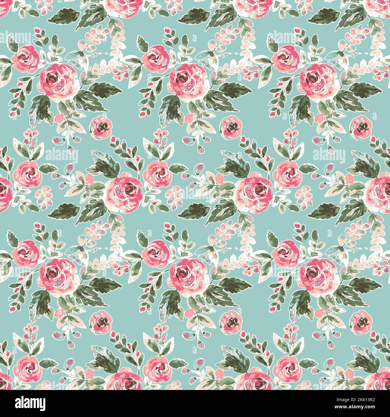 Seamless hand drawn vintage rose ,flower pattern in retro colours ...