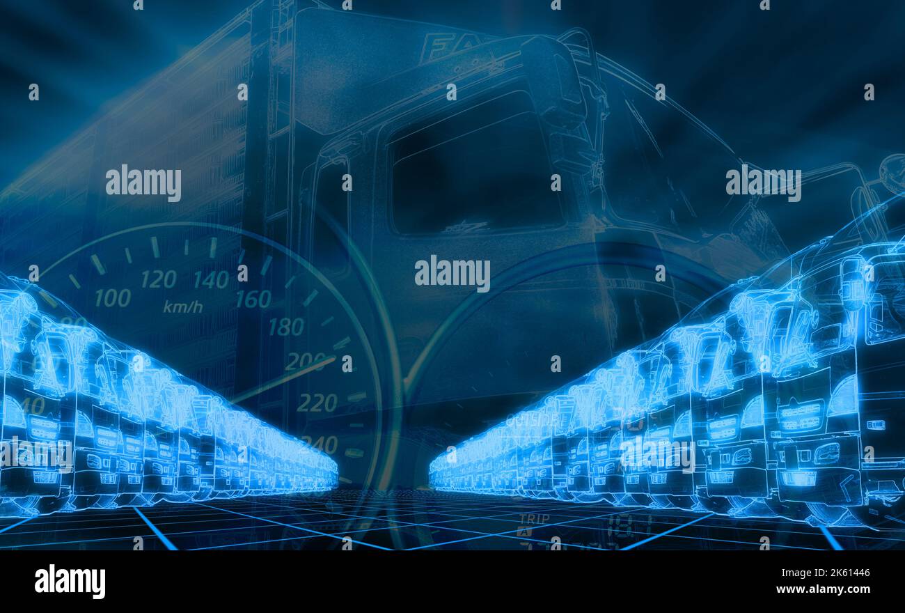 Fleet of electric trucks. Furutistic truck transport. Driverless ...