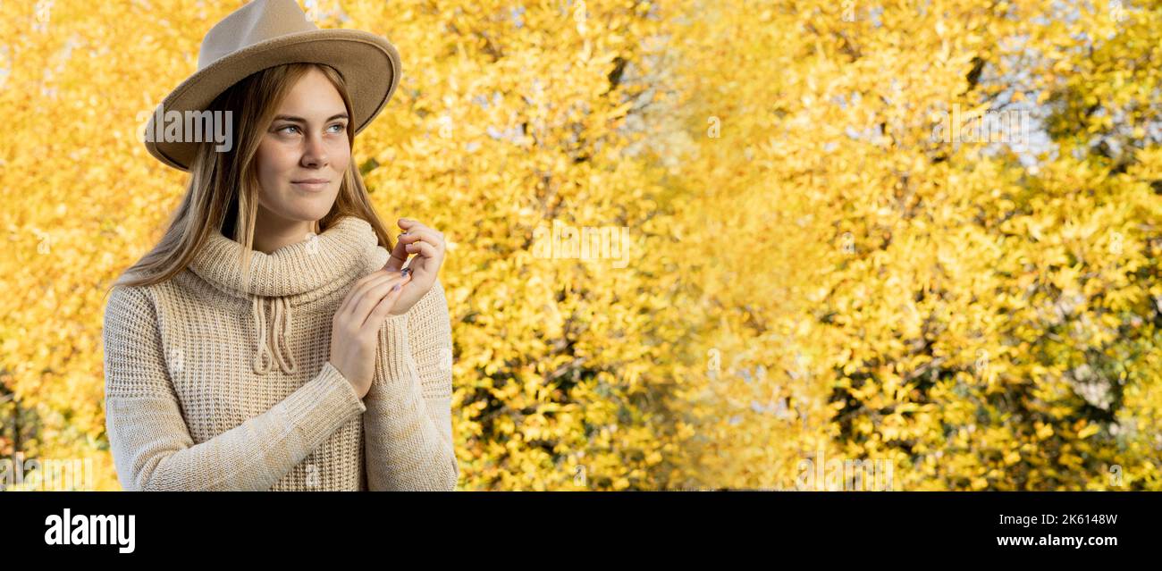 Autumn woman happy smiling in fall nature. foliage yellow colors of ...