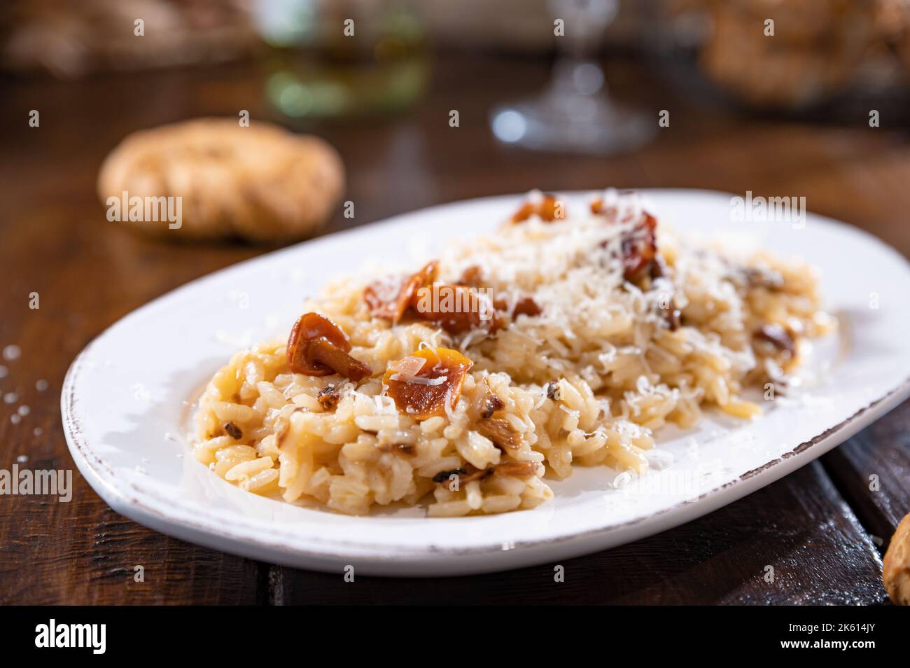 Risotto with porcini mushrooms.Typical Italian food white rice with ...