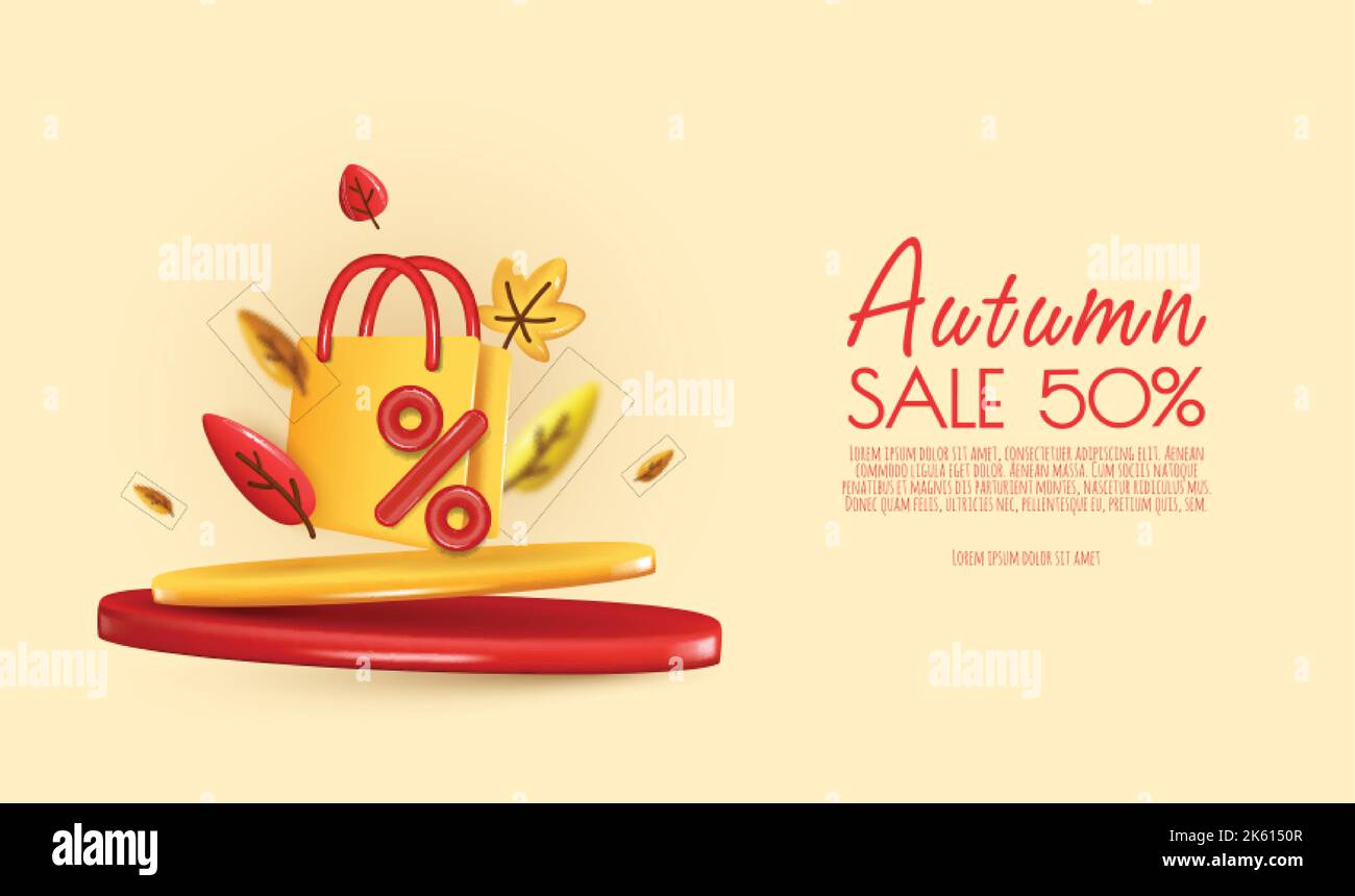 Autumn sale background with leaves, shopping bag, percent symbol acorn ...