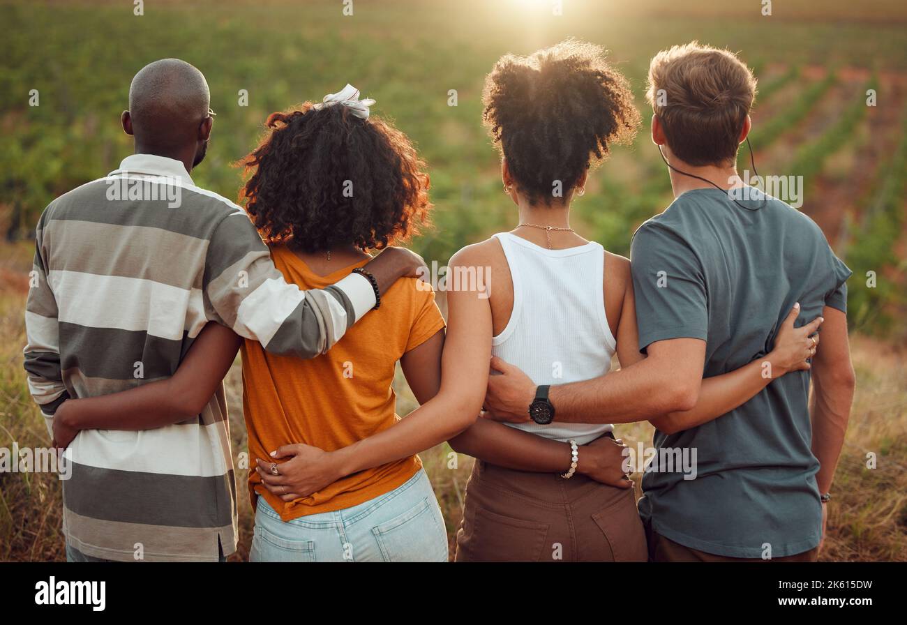 Diversity, view and friends together hug, friendship and love on a ...