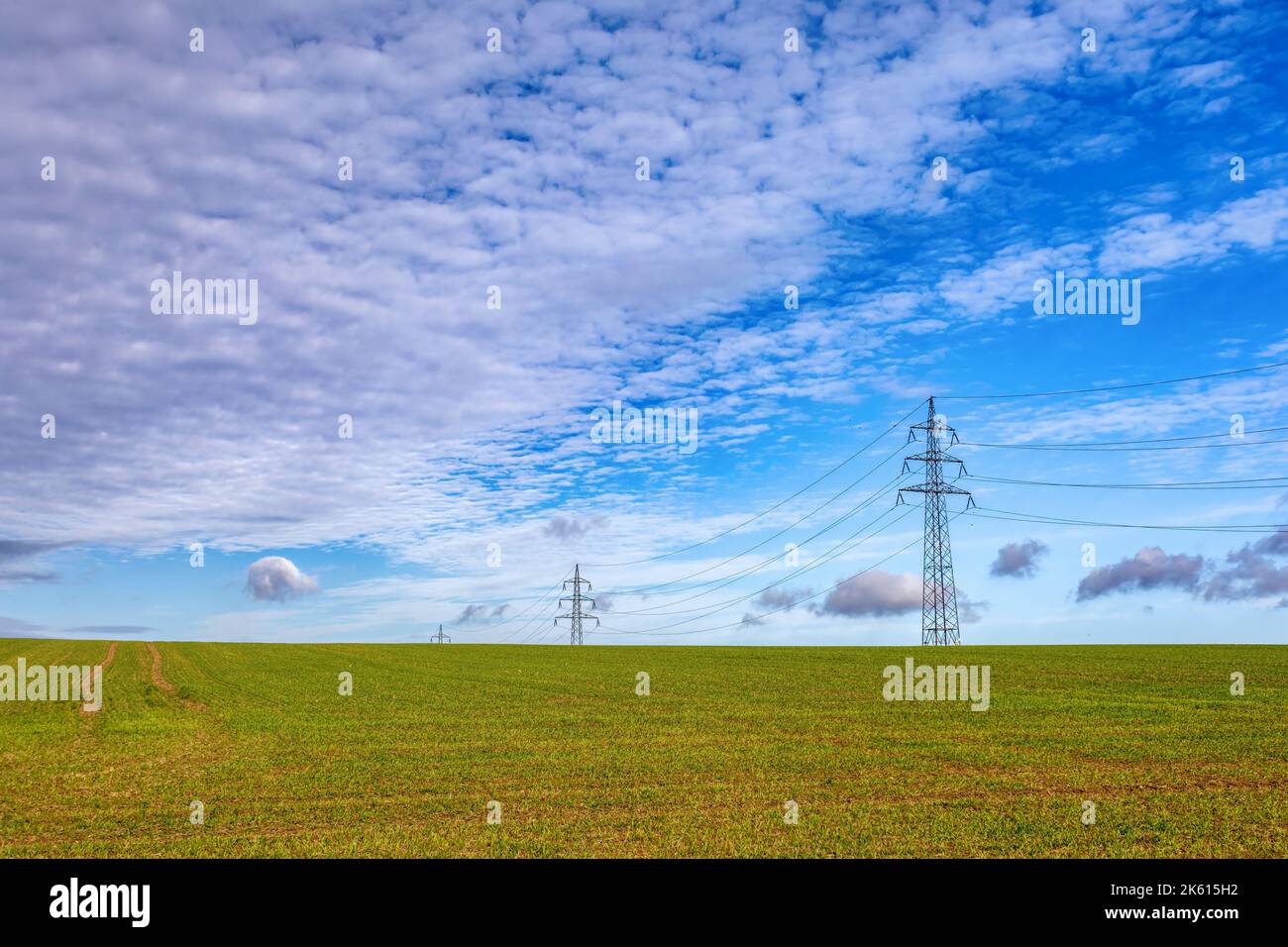 High voltage power lines in field against a blue sky. Autumn fall ...