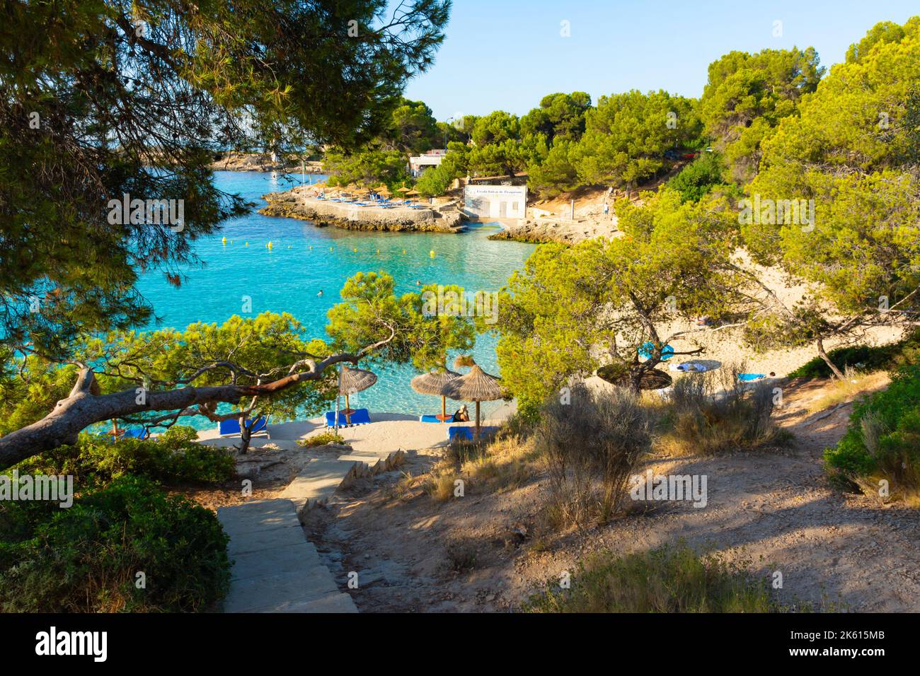 Calvia, Mallorca, Spain. July 18, 2022 - Stairway between pine trees to ...
