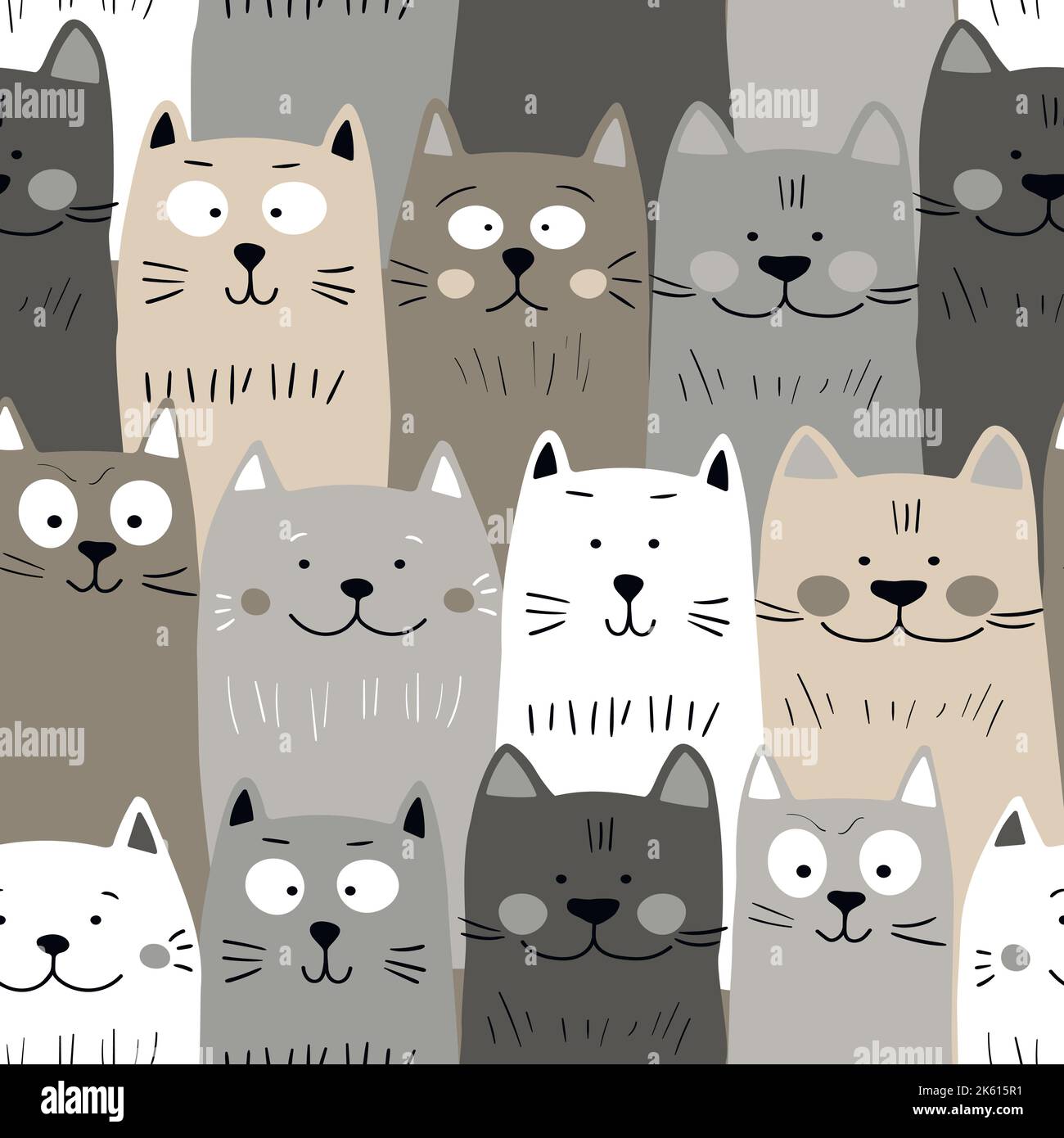 Seamless pattern with cute kitten print. Different scandy cats on color ...