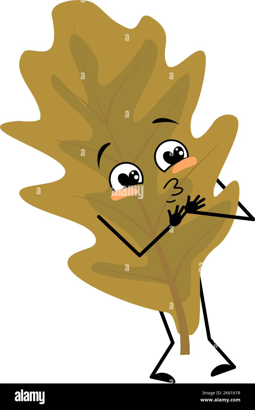 Oak leaf character with love emotions, smile face, arms and legs ...