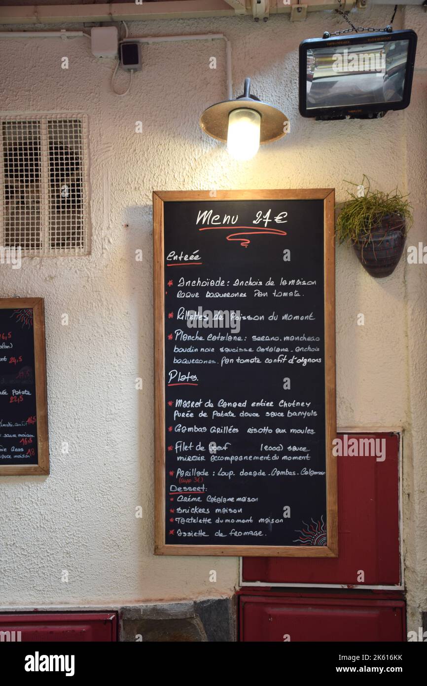 Restaurant menu, Collioure, Pyrenees-Orientales, Southern France 2022 ...