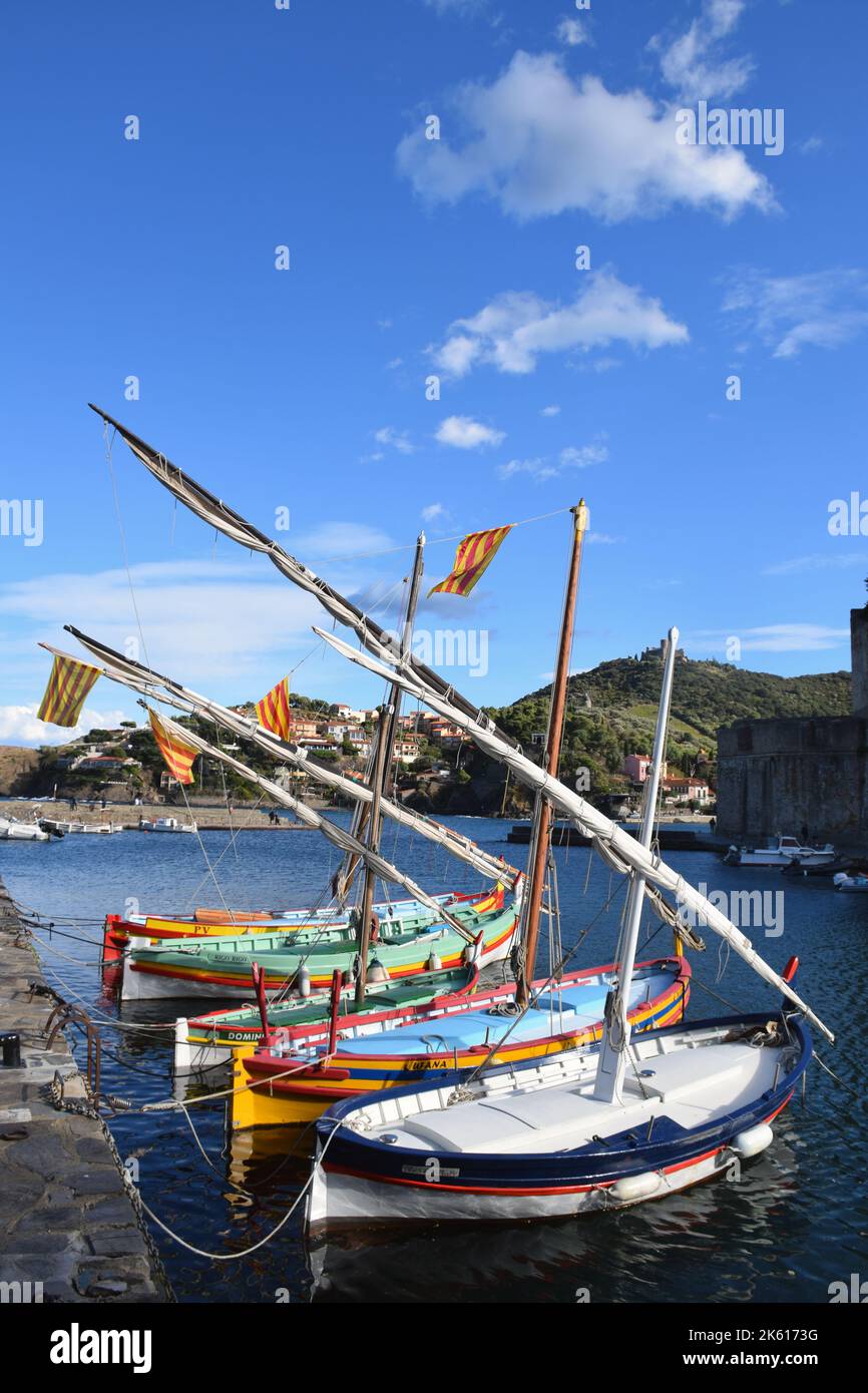 Traditional Catalan boats, Collioure, Pyrenees-Orientales, Southern ...