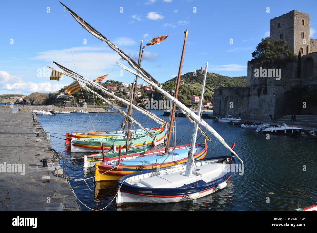 Traditional Catalan boats, Collioure, Pyrenees-Orientales, Southern ...