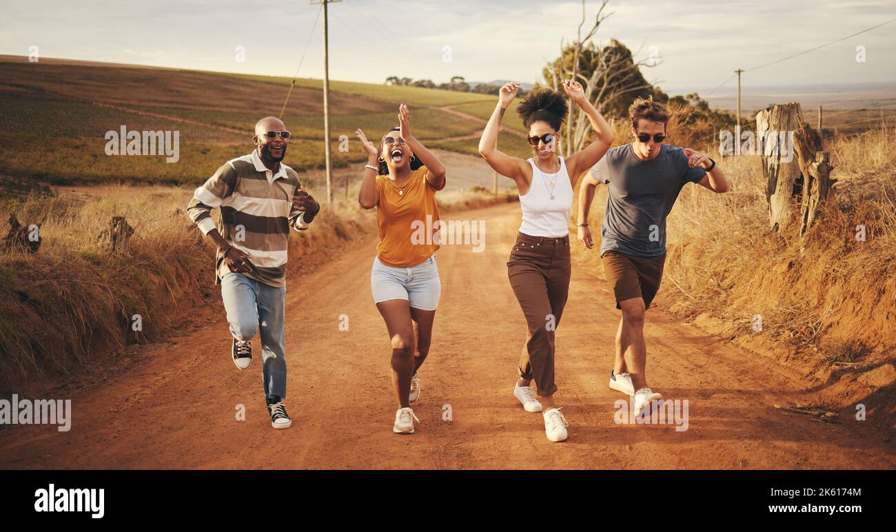 Safari, walking and friends singing on holiday in nature of Cairo ...