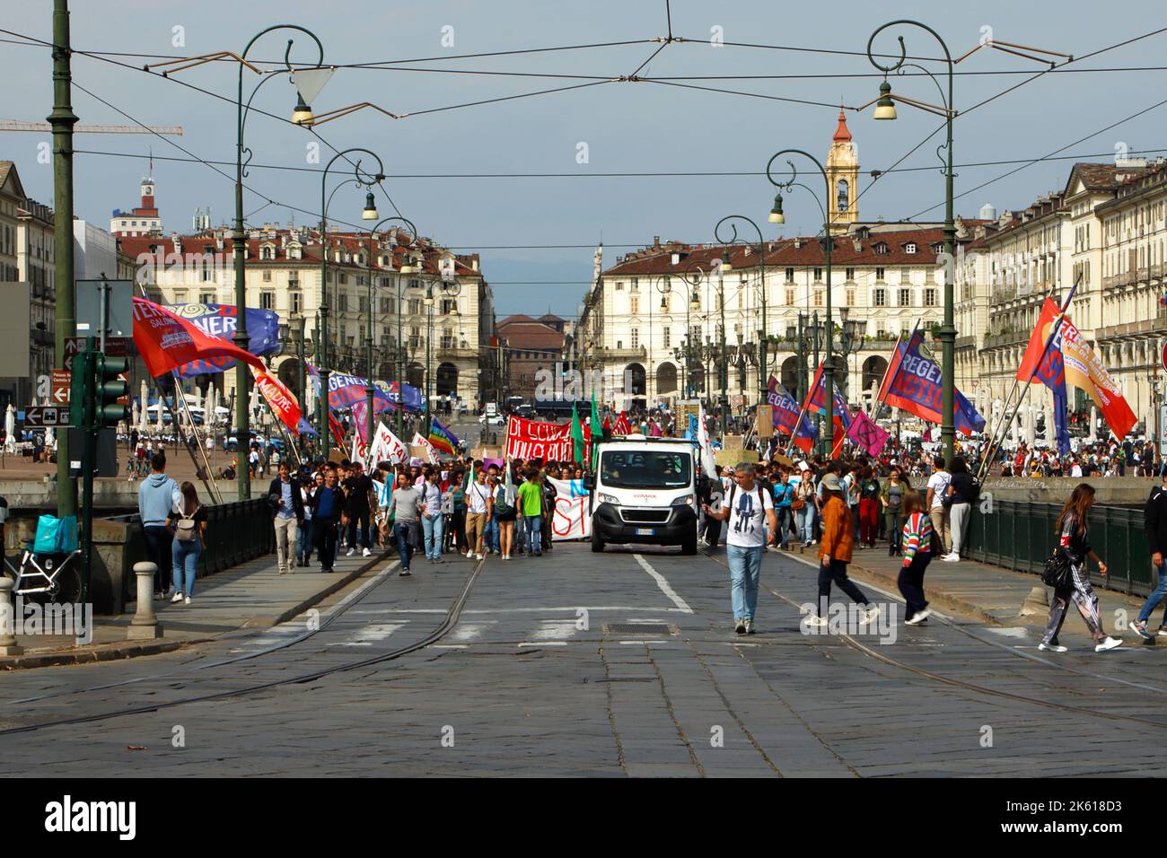 A view of people with flags walking on Vittorio Emanuele II bridge in ...