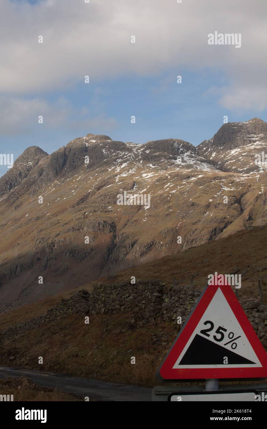 A vertical shot of road sign with hill incline under cloudy sky Stock ...