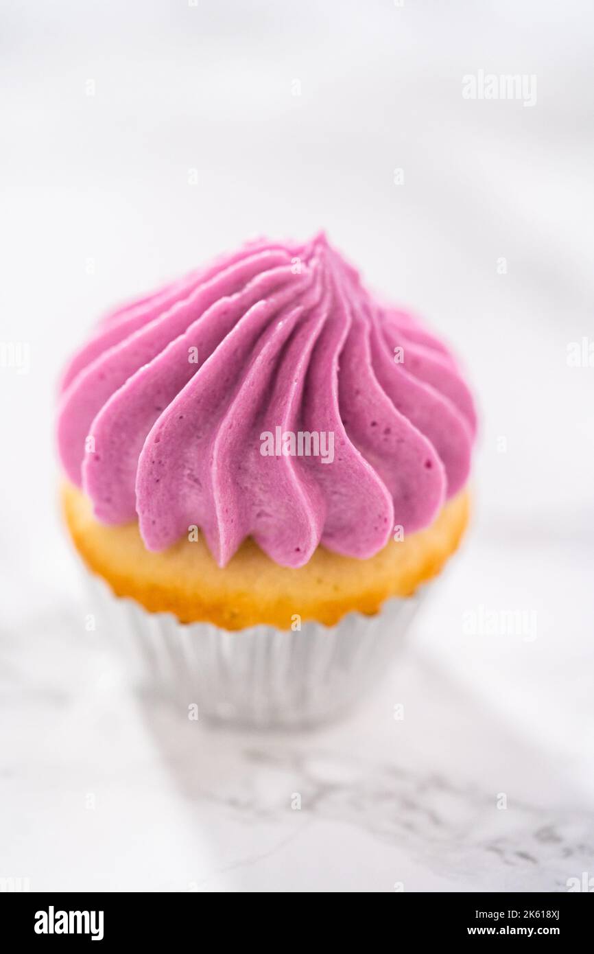 Mini Vanilla Cupcakes with Pink Buttercream Frosting Stock Photo - Alamy