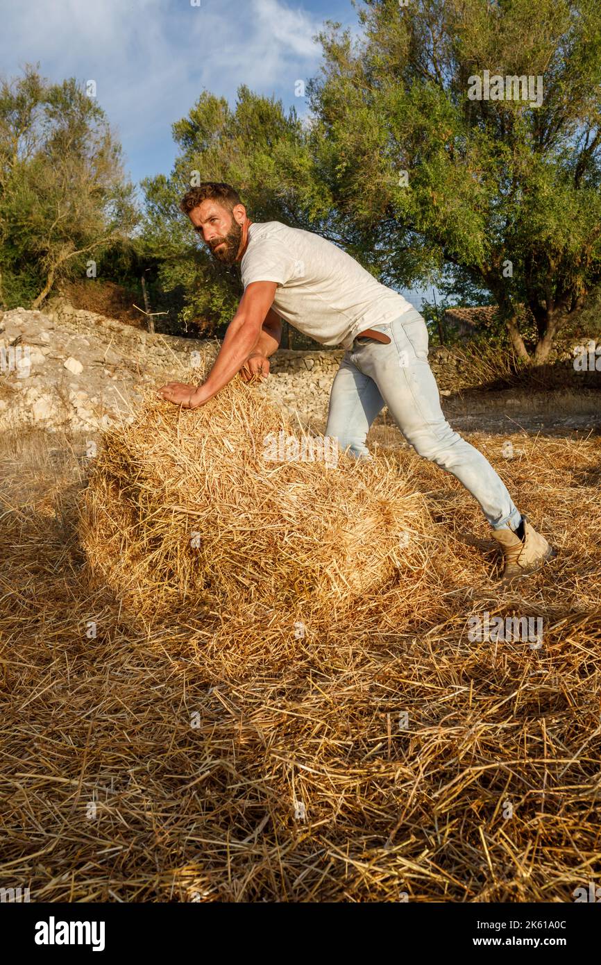 Full body of young bearded ethnic male farmer with dark hair in casual ...