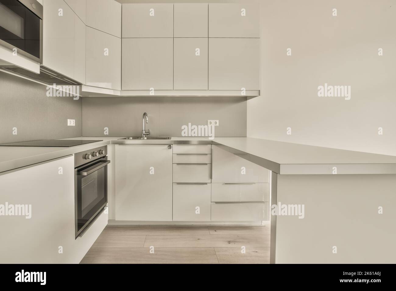 Contemporary built in ovens in modern kitchen with white cabinets and ...
