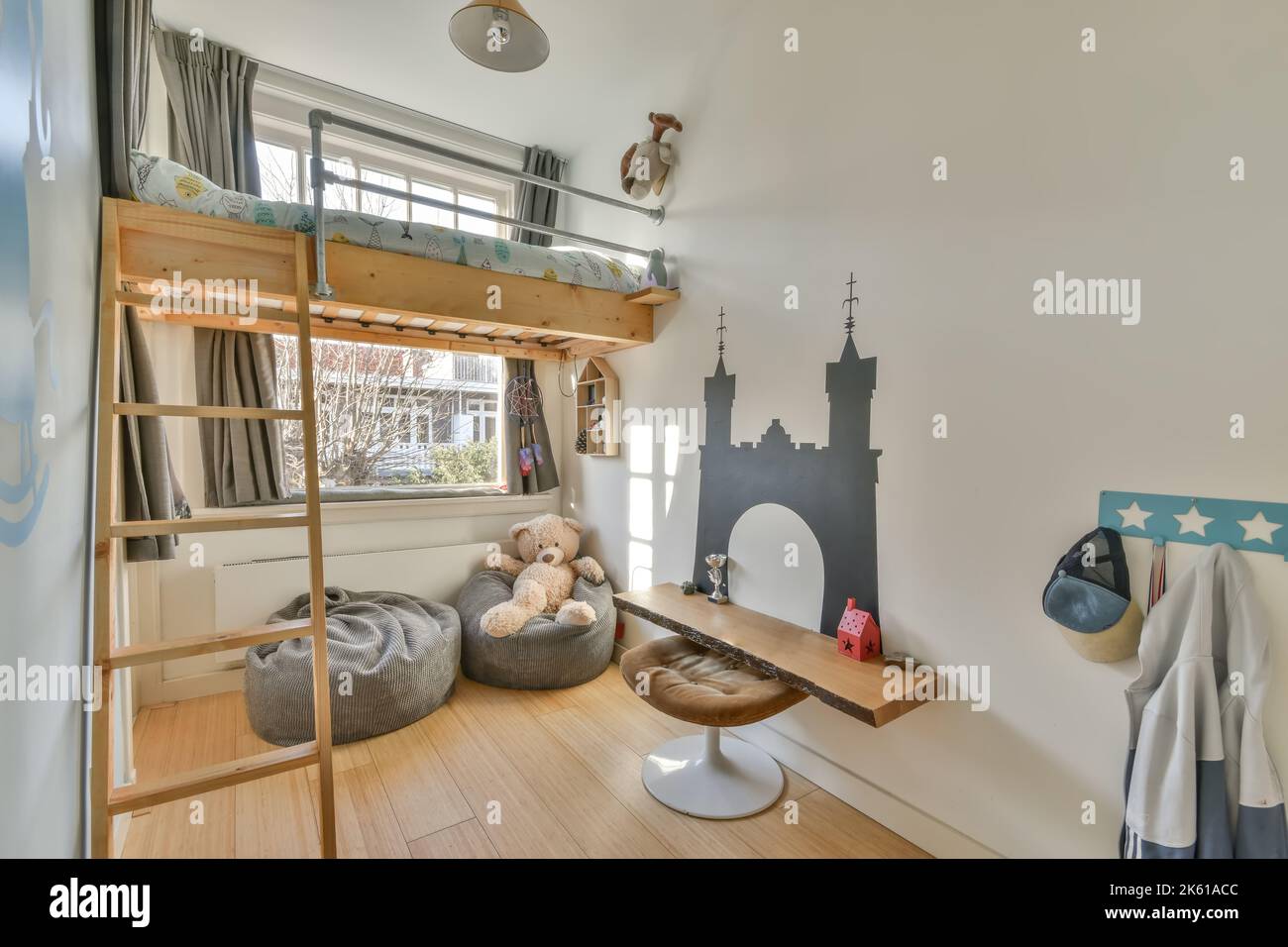 Children bunk bed with wooden ladder placed near window in light ...