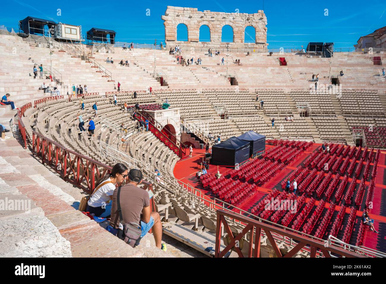 Verona Arena, view in summer of people arriving to take up their seats ...