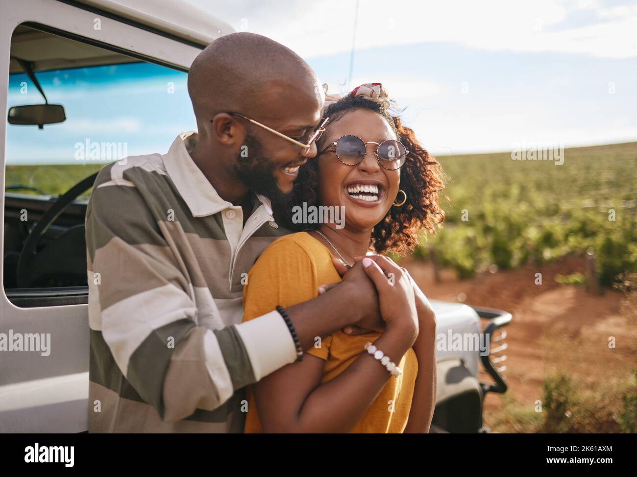 Travel, love and black couple on a road trip in nature on a happy ...