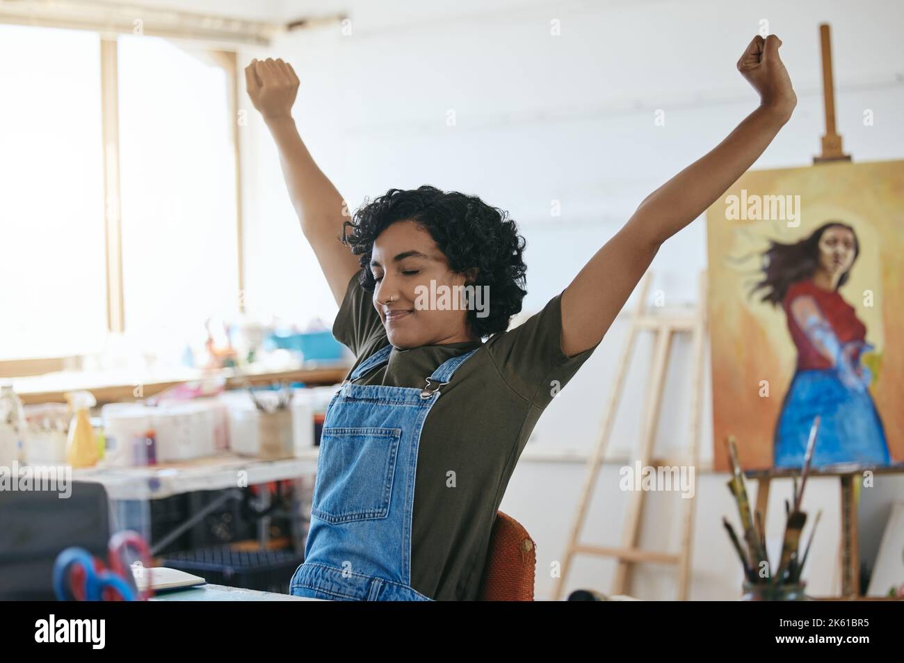 Creative woman, stretching or relax after success target goals, art ...