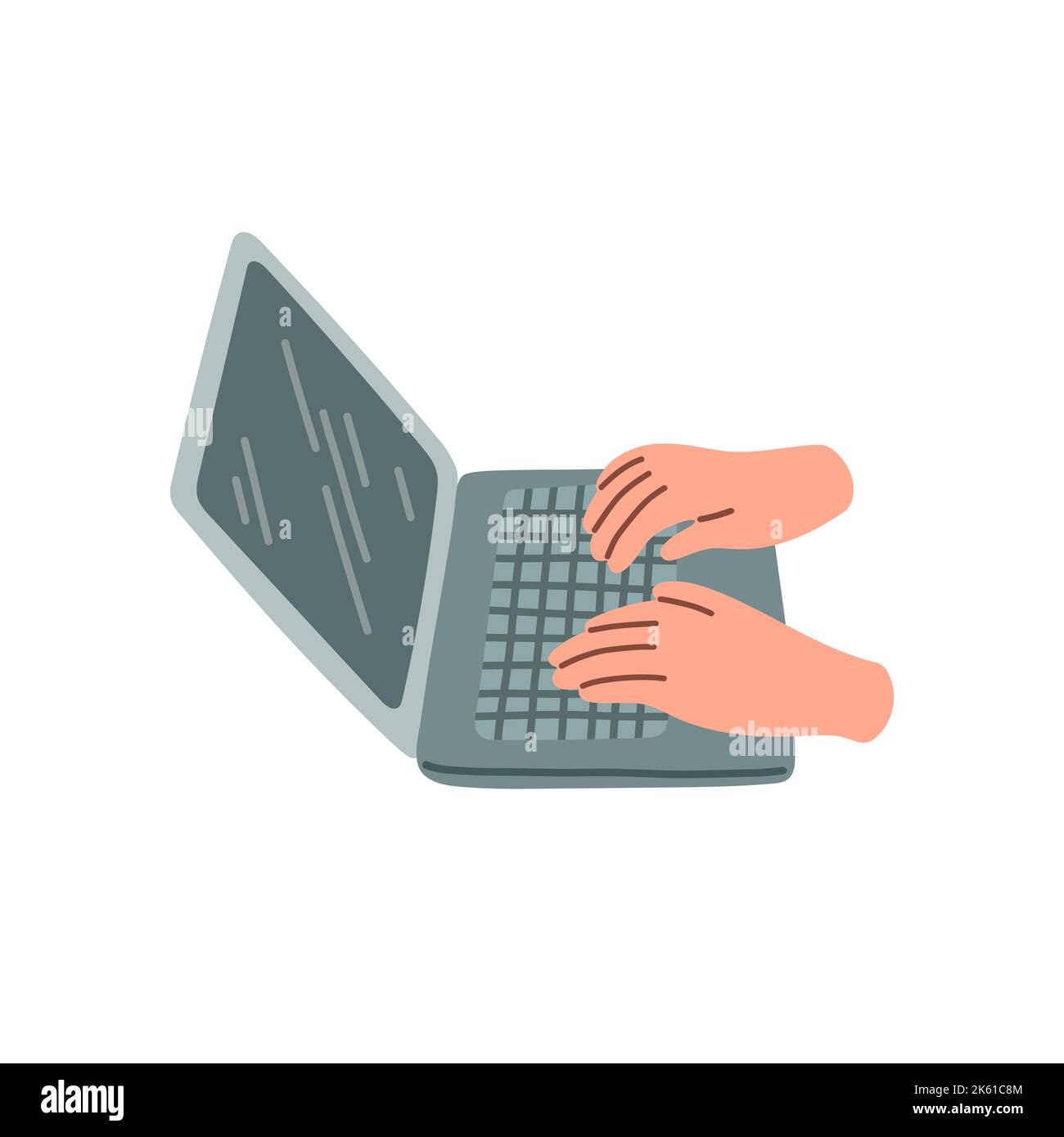Hands in work at laptop keyboard with blank monitor screen. Work place ...