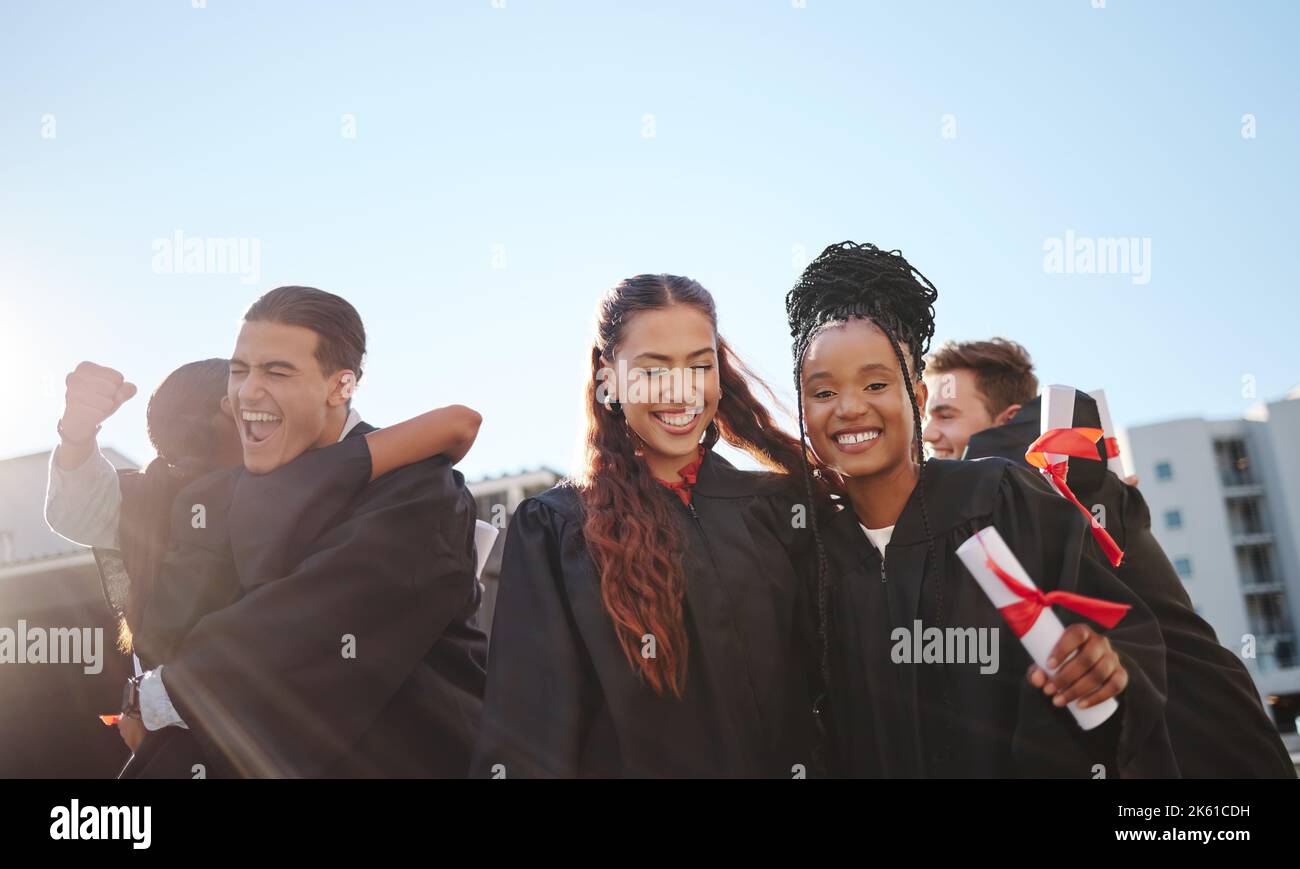 Graduation, diploma celebration and student graduate group and friends ...