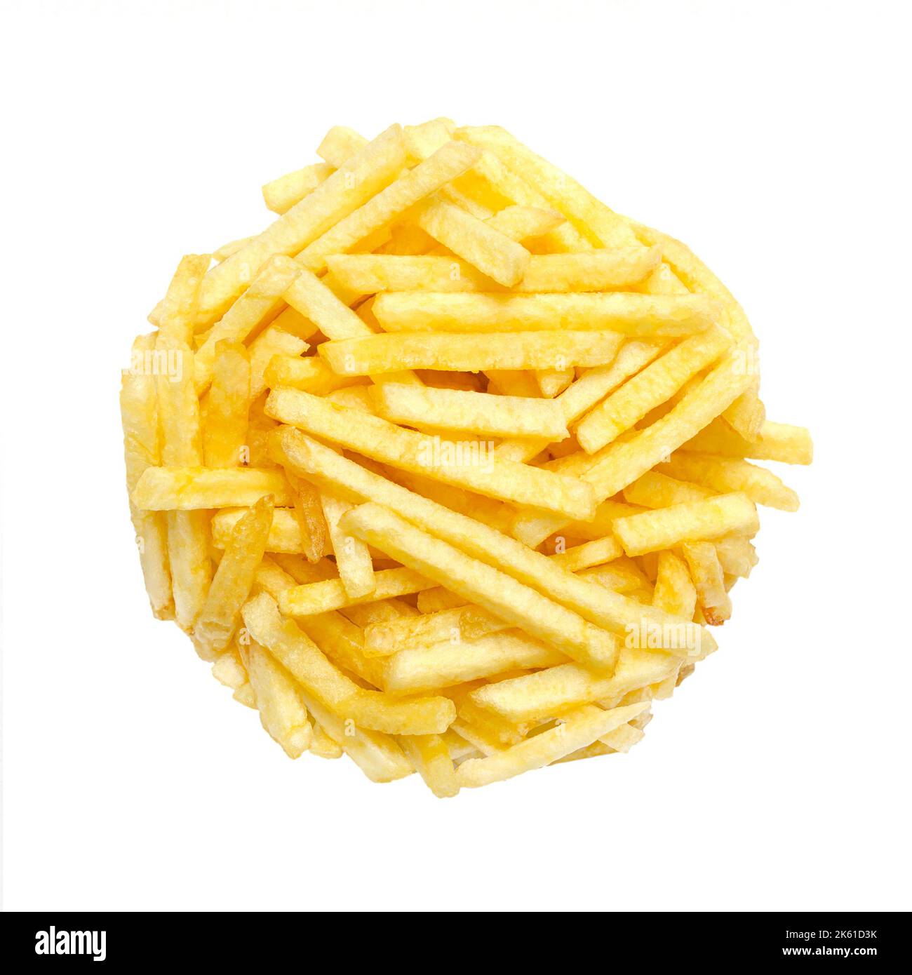 Salted potato sticks, snack circle from above, isolated on white ...