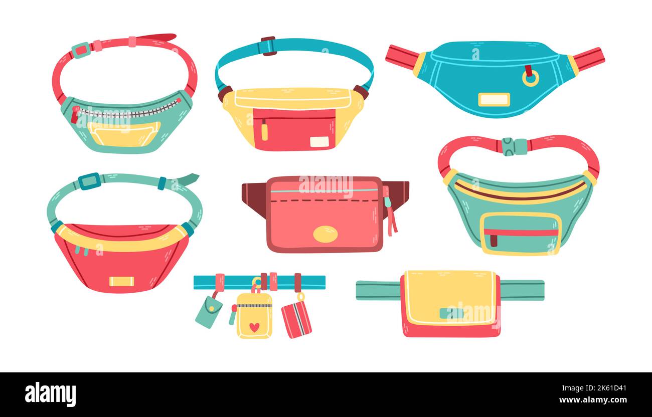 Trendy waist bags set of different shape and color unisex items with ...