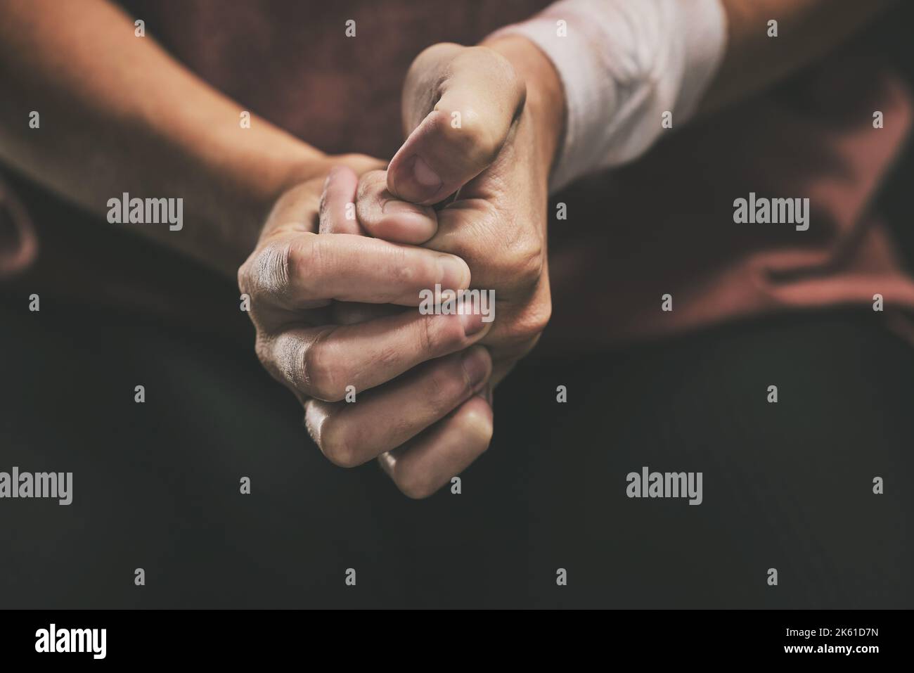 Hands, anxiety and nervous woman and mental health, stress or ...